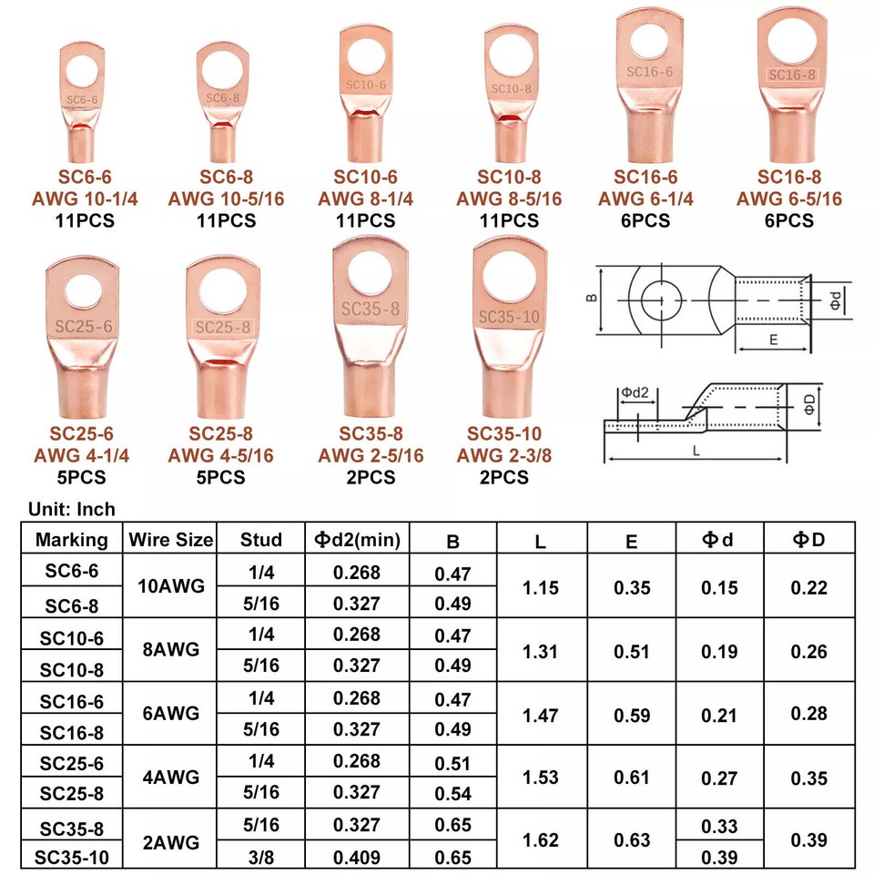 Copper Battery Cable Ends Wire Lugs Assortment Kit AWG 2 4 6 8 10 Gauge ...