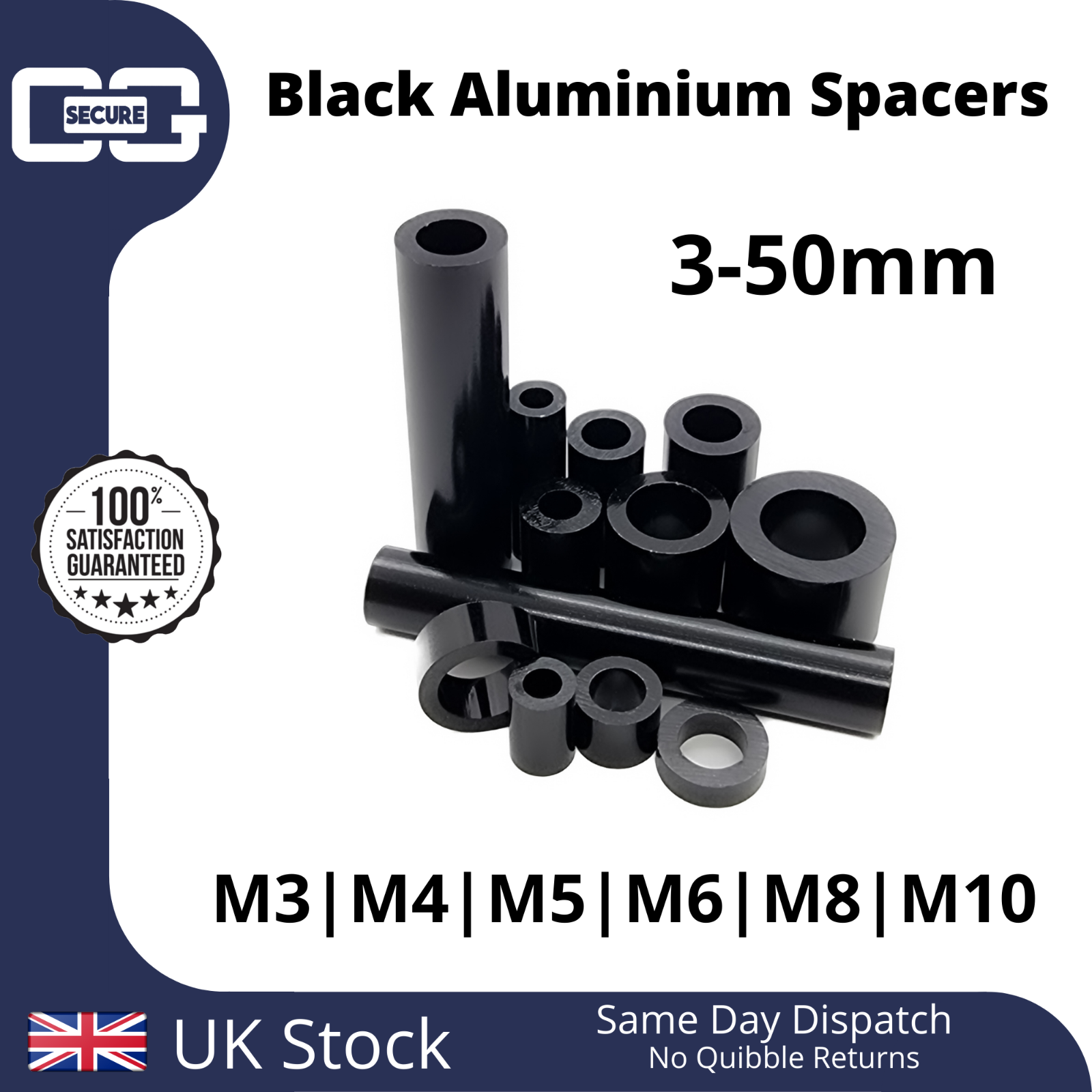 Black ANODISED Aluminium Spacers M3 M4 M5 M6 M8 M10 Stand Off Collar ...