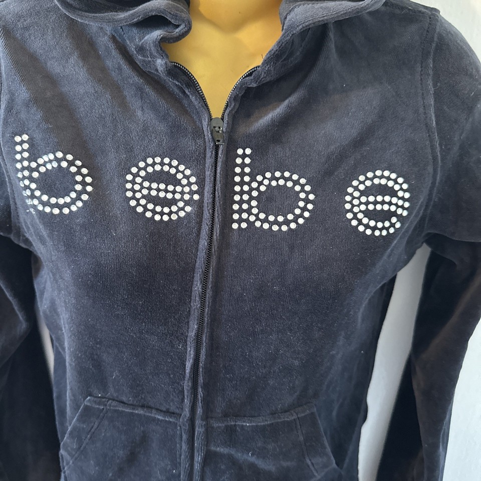 Bebe Black Rhinestone sweater hoodie zip up size Small | eBay