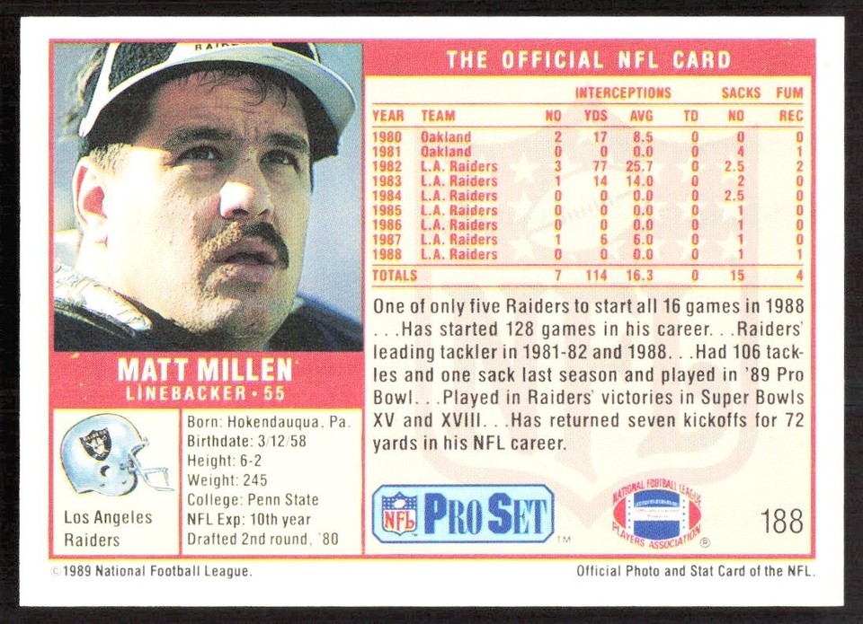 1989 948D Pro Set Matt Millen Los Angeles Raiders #188 | eBay