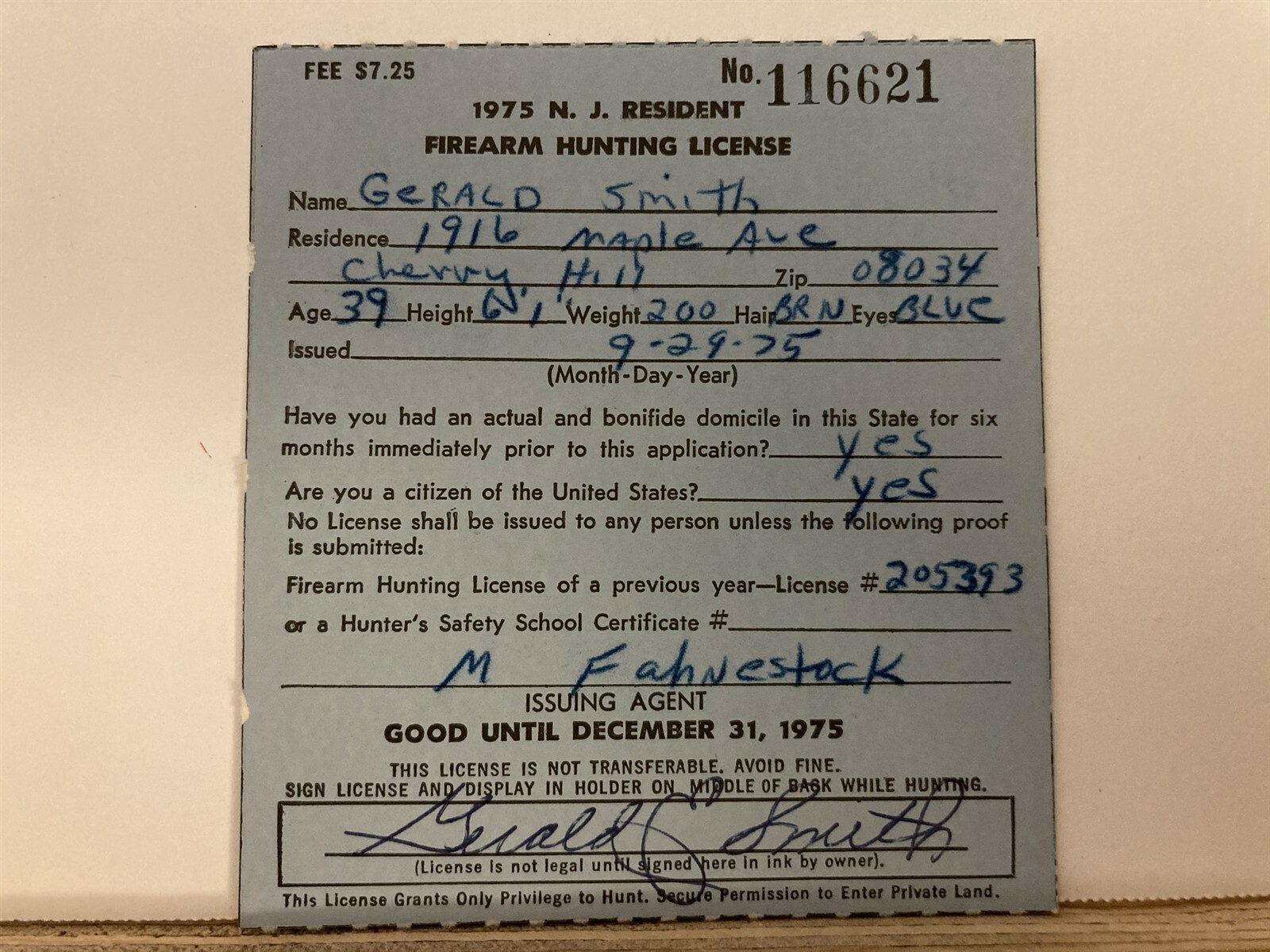 1975 New Jersey Resident Firearm Hunting License NJ Vtg | eBay