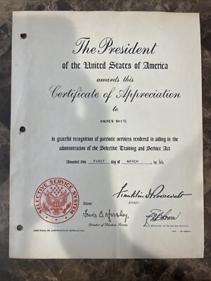 Franklin D. Roosevelt - 1944 Selective Service Certificate of ...