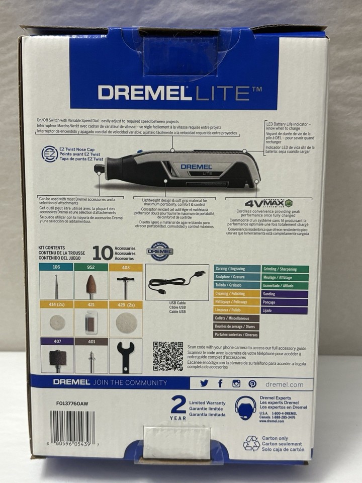 New Dremel Lite 4V Variable Speed Cordless Rotary Tool Kit, 7760-N/10 ...