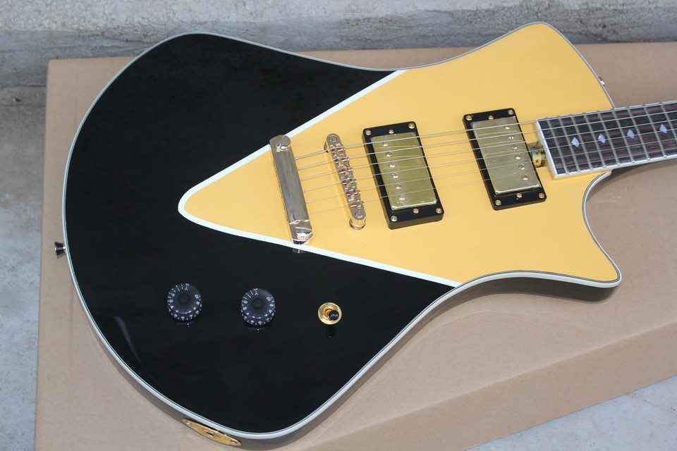 New Gold Black Opaque Electric Guitar Curved Triangle Inlays Mahogany ...