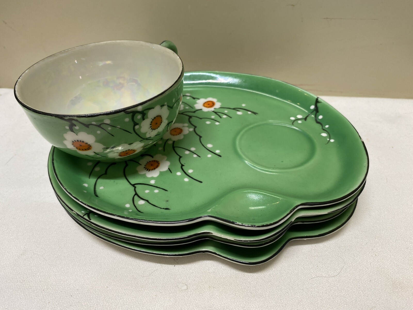 4 Vtg Lusterware Teacup/Lunch Plate Snack SET Peacock Green Hand ...