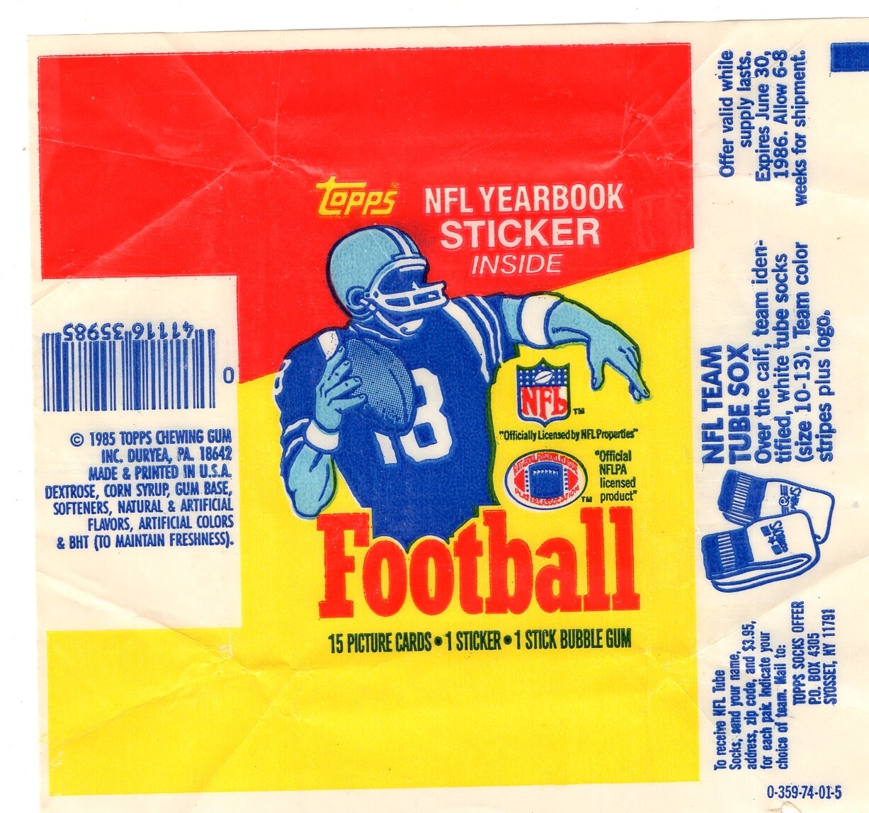 1985 TOPPS FOOTBALL CARD WRAPPER - EMPTY -NO CARDS - "TUBE SOX ...