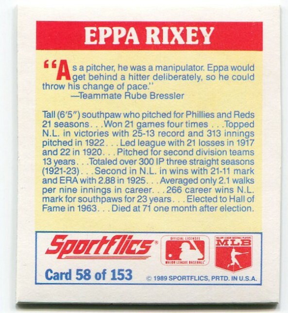 1989 Sportflics Trivia Insert #58 Eppa Rixey Cincinnati Reds | eBay
