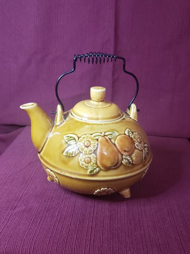 Vintage Golden Yellow Ceramic Porcelain Teapot Floral Wire Handle Japan ...
