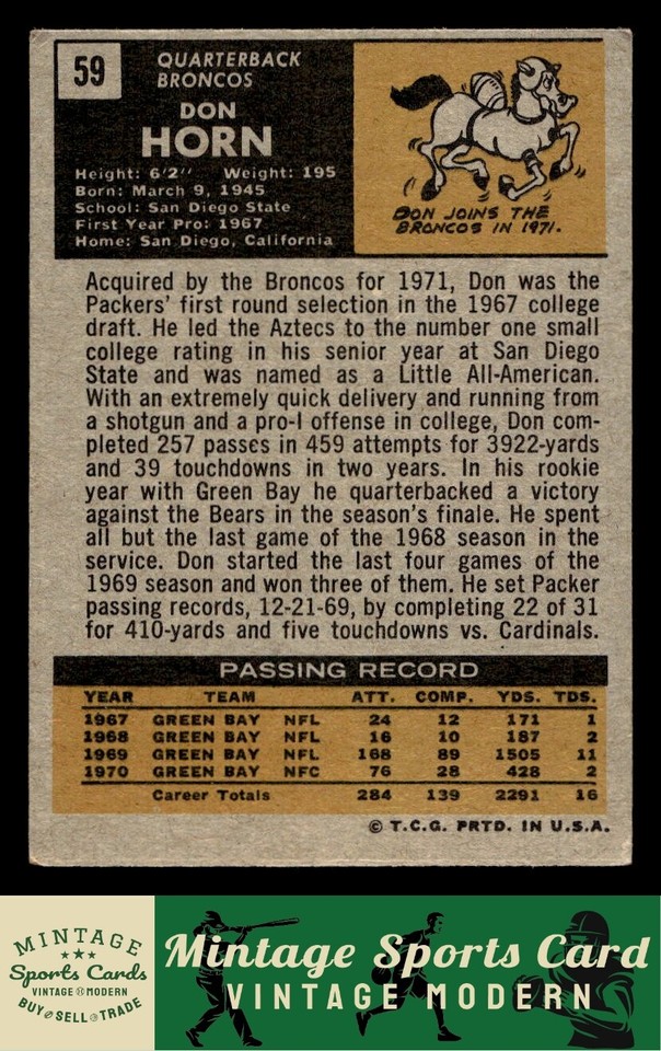 1971 Topps - Don Horn - #59 Denver Broncos FR+/GD | eBay