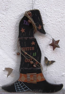 THE WITCH IS OUT Halloween sign WOOD HAT wall hanging prim 20"x16" new ...