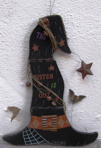THE WITCH IS OUT Halloween sign WOOD HAT wall hanging prim 20"x16" new ...