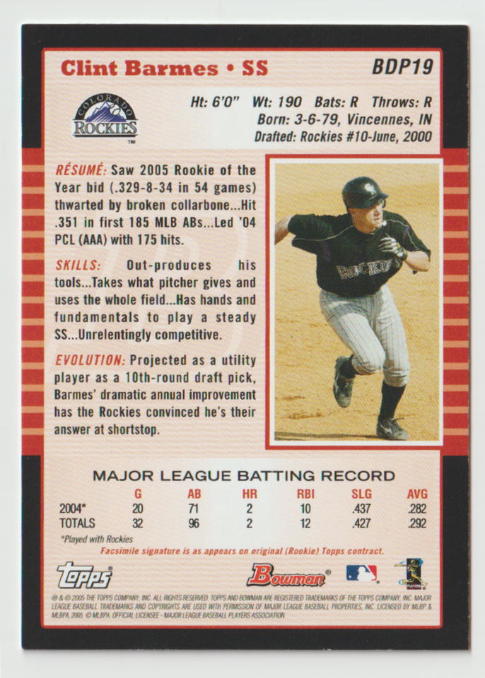 2005 Bowman Draft Baseball #19 Clint Barmes - Colorado Rockies | eBay
