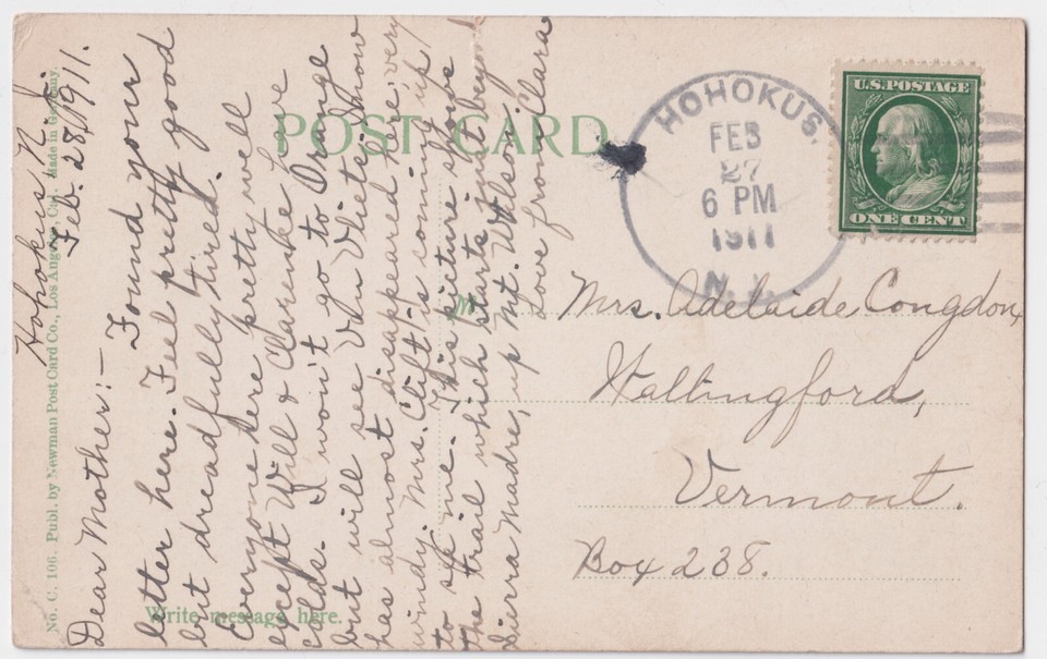 MT WILSON HORSEBACK TRAIL POSTED 1911 TO ADELAIDE COUGDON, WALLINGFORD ...