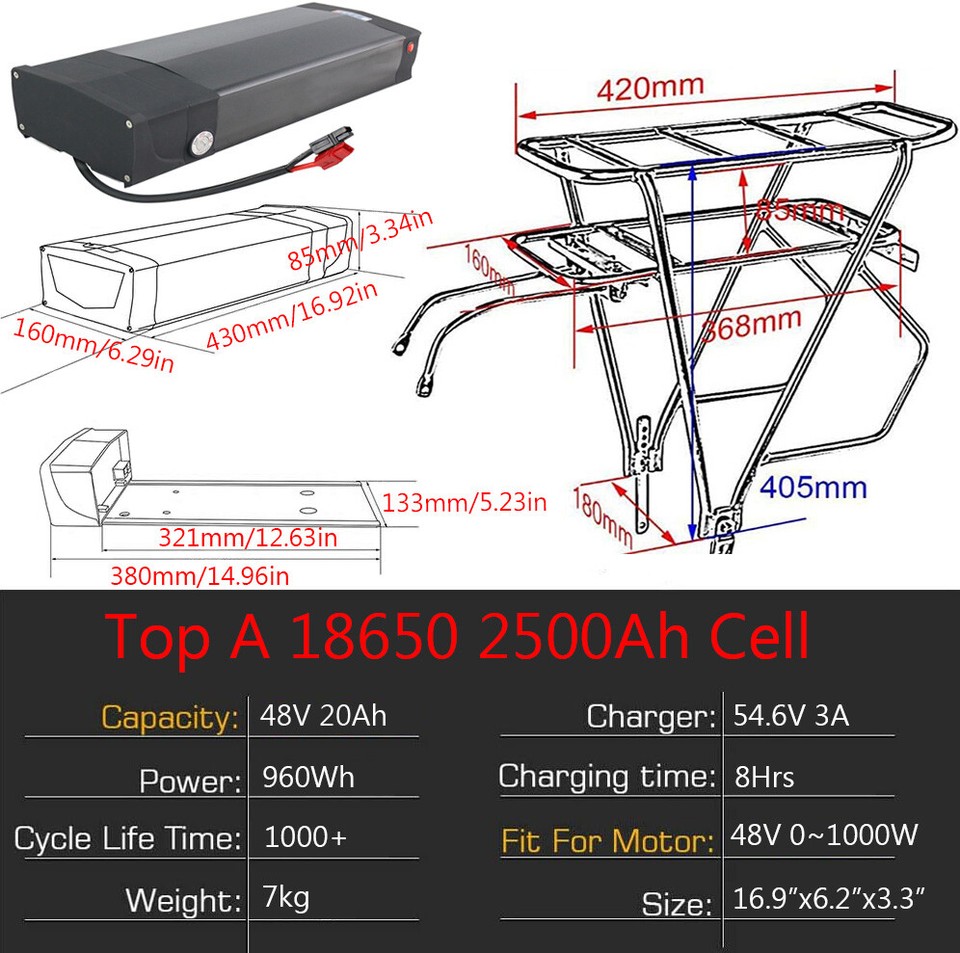 Rear Rack ebike Battery 48V 20Ah 1000W Lithium Pack for Electric ...