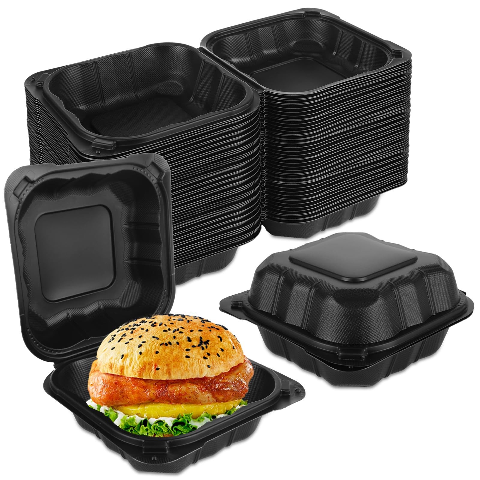 125Pcs 6"x 6"x 3" Clamshell Take Out Containers, Black To Go Containers ...