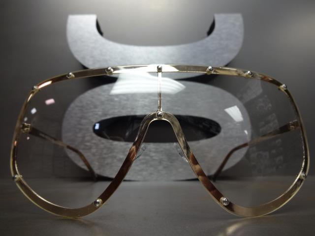 OVERSIZED VINTAGE RETRO SHIELD Style Clear Lens EYE Glasses Gold ...