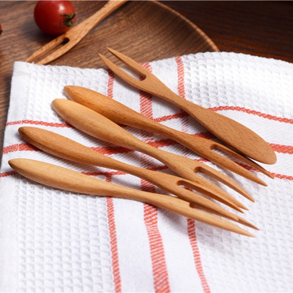 3 Pcs Wooden Fruit Forks Wide Handle Lightweight Beech Pastry Cake ...