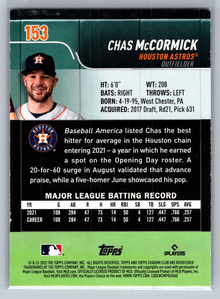 2022 Topps Stadium Club #153 Chas McCormick Houston Astros Rookie RC | eBay