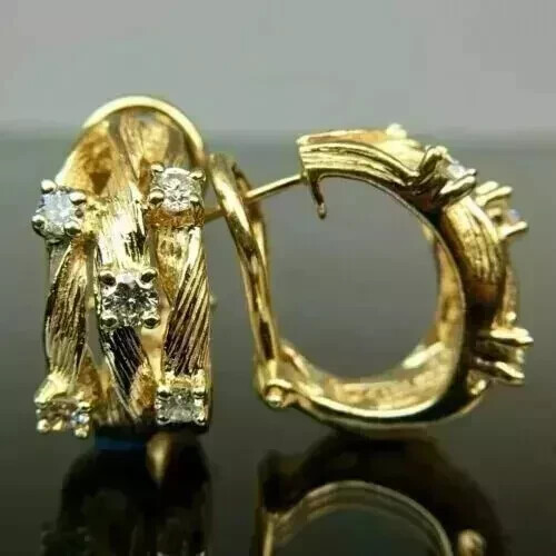 2Ct Round Cut Moissanite Omega Back Huggie Hoop Earrings 14K Yellow ...