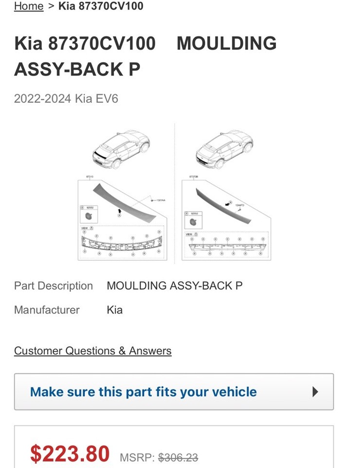 Kia EV6 Moulding Assy-Back Panel 2022-2024 87370-CV100 OEM New | eBay
