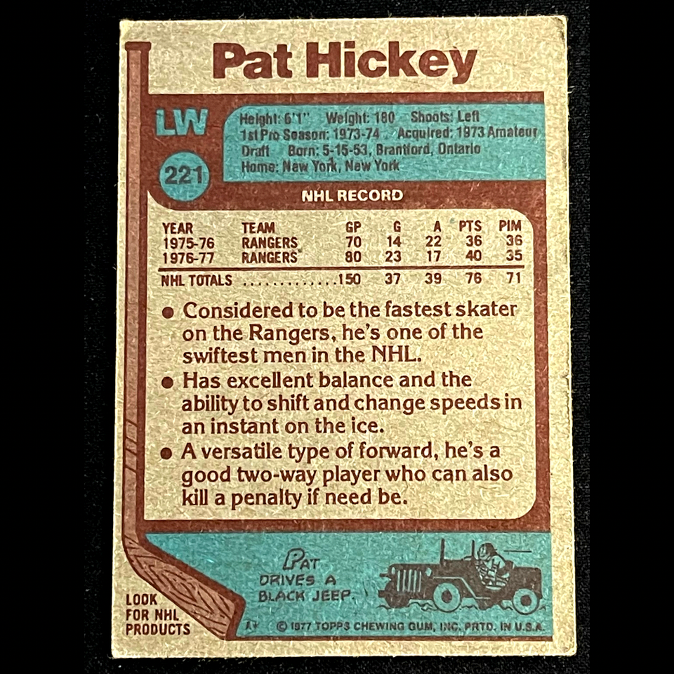 1977 Topps Pat Hickey #221 Vintage New York Rangers Hockey 2nd Year VG ...