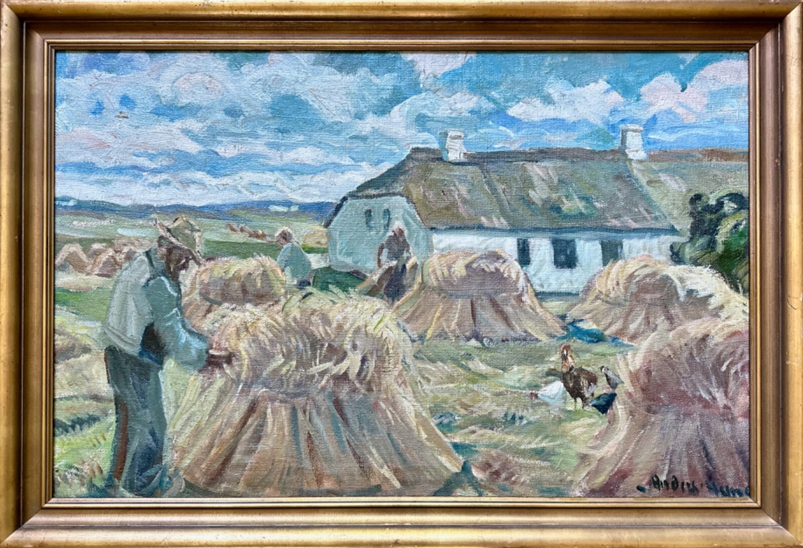 Antique oil painting on canvas Anders Carl Hune (1894-1968) Harvest ...