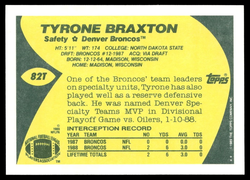 1989 Topps Traded #82T Tyrone Braxton Denver Broncos Football Card | eBay