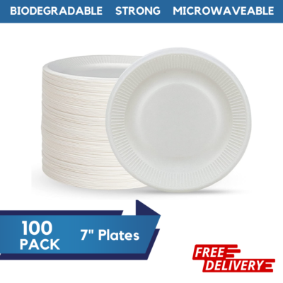 100 White Paper Plates 7" 18cm Round Biodegradable Strong Plates ...