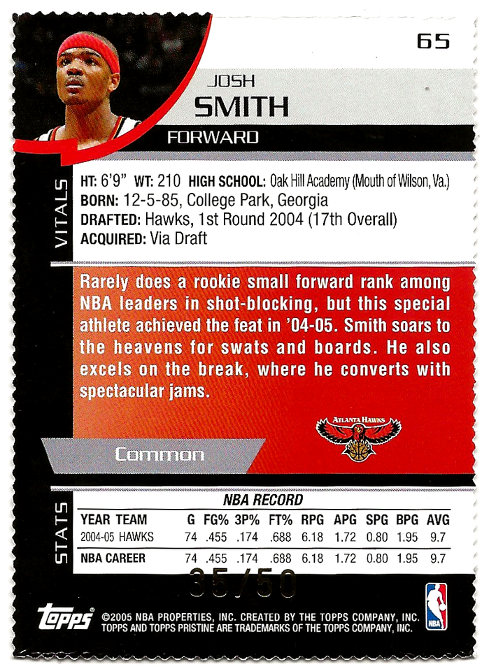 2005 Topps Pristine #65 Josh Smith Rookie (Foil) 35/50 HAWKS | eBay