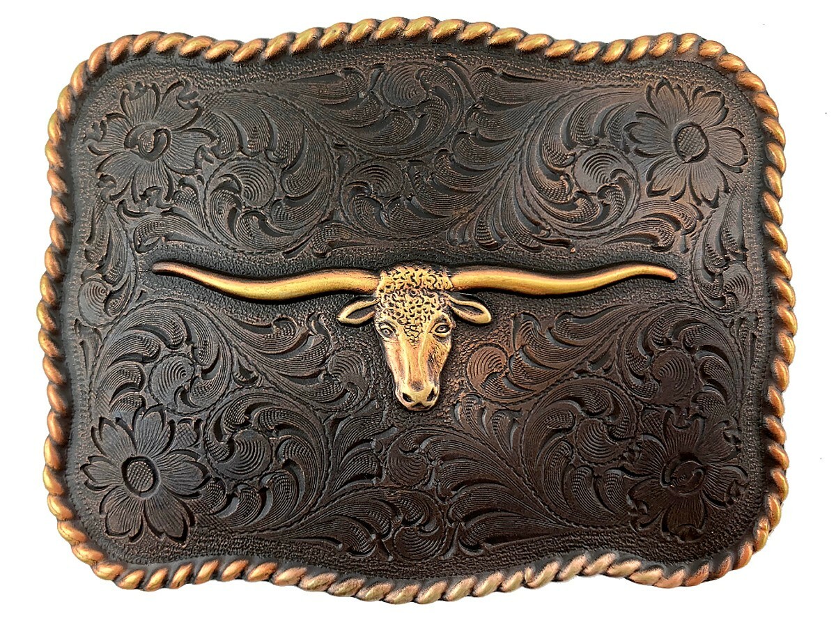 Western Cowboy Copper Longhorn Steer Flora Engraved Belt Buckle fits 1 ...