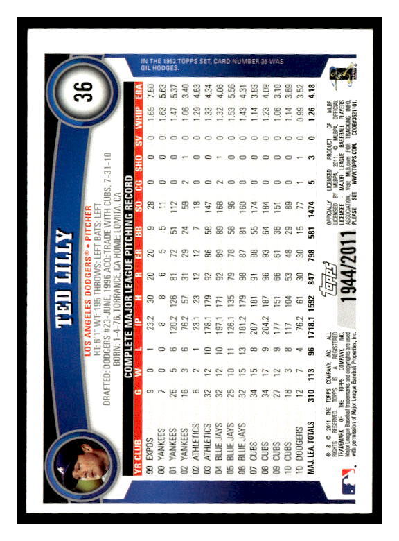 2011 Topps #36 Ted Lilly Gold #/2011 | eBay