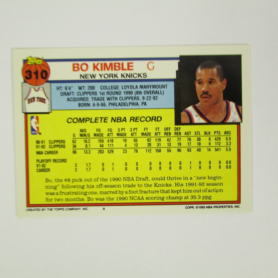 Bo Kimble Basketball Card (New York Knicks) 1992-93 Topps #310 | eBay