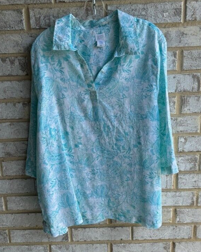 Sigurd Olsen Blue & White 100% Linen V-Neck 3/4 Sleeve Tunic Women's ...