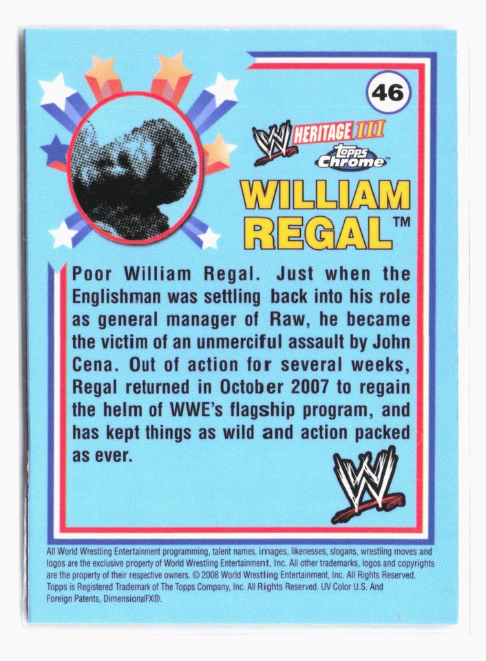 2008 Topps Chrome Heritage III WWE William Regal 46 Pro Wrestling Card ...