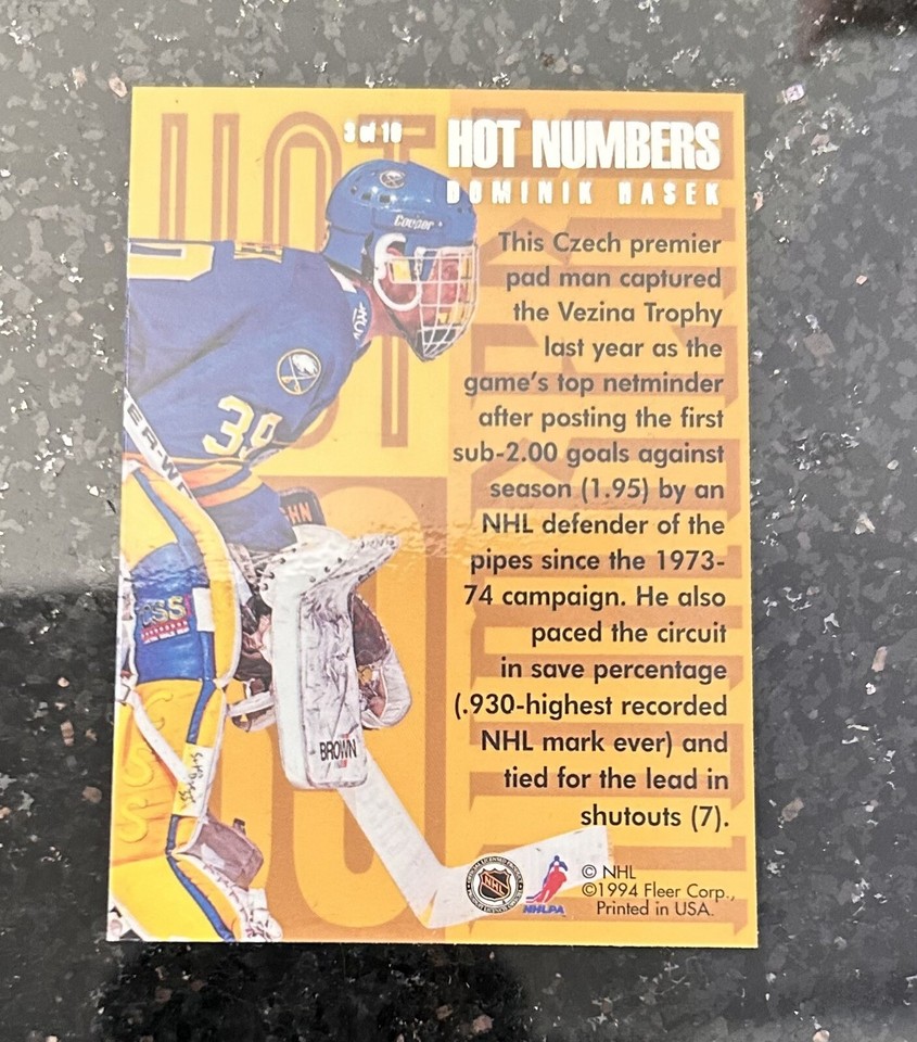 Dominik Hasek 1994-95 Flair Hot Numbers Insert NHL Hockey Card Buffalo ...