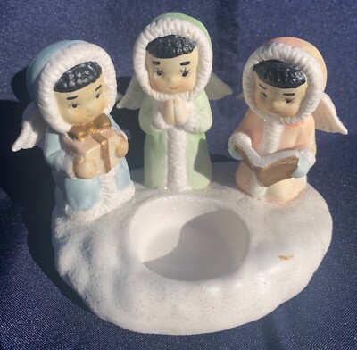 Angel Statue: Three Angel Tealight Holder. One with gift, praying and a ...