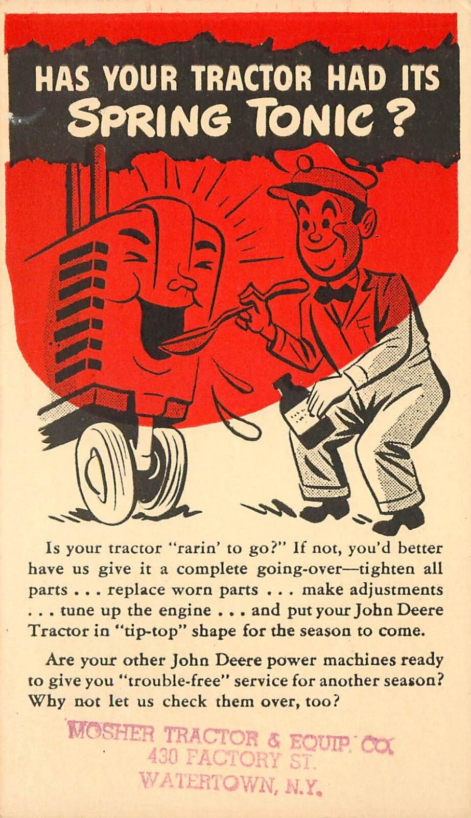 JOHN DEERE TRACTOR MAINTENANCE AD, WATERTOWN, NY, VINTAGE POSTCARD (V7 ...