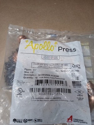 APOLLO PRESS 1/2" COPPER PRESS 90° DEGREE ELBOW MODEL 807 10PK | eBay