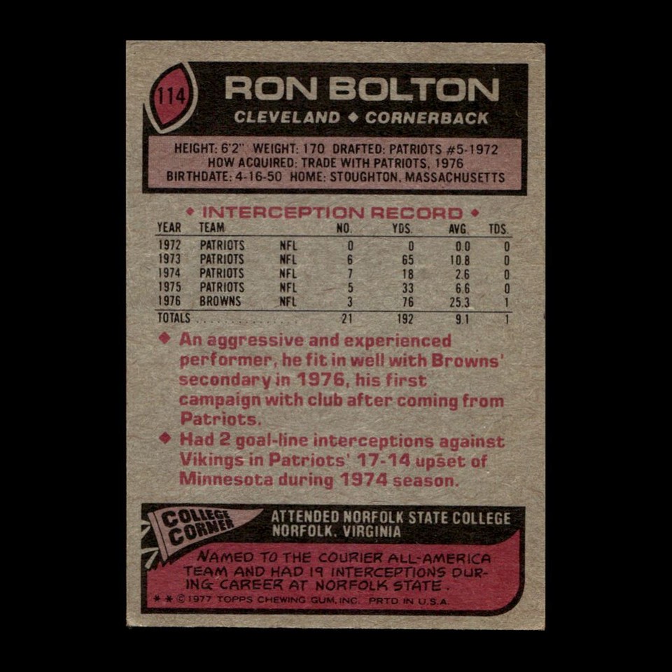 Ron Bolton 1977 Topps Cleveland Browns #114 R324C 78 | eBay