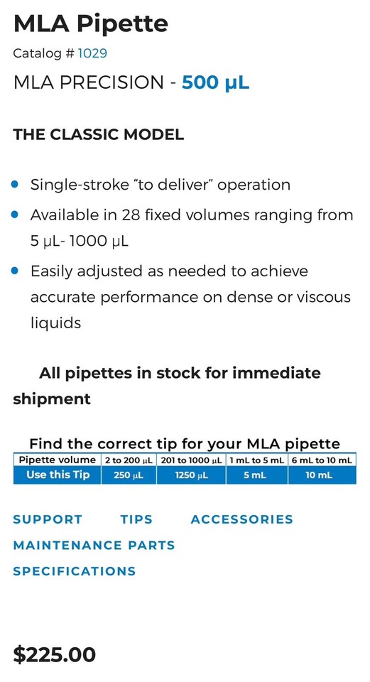 VistaLab 500µL Pipette, MLA, Precision, Yellow, 1/Case, #1029 | eBay