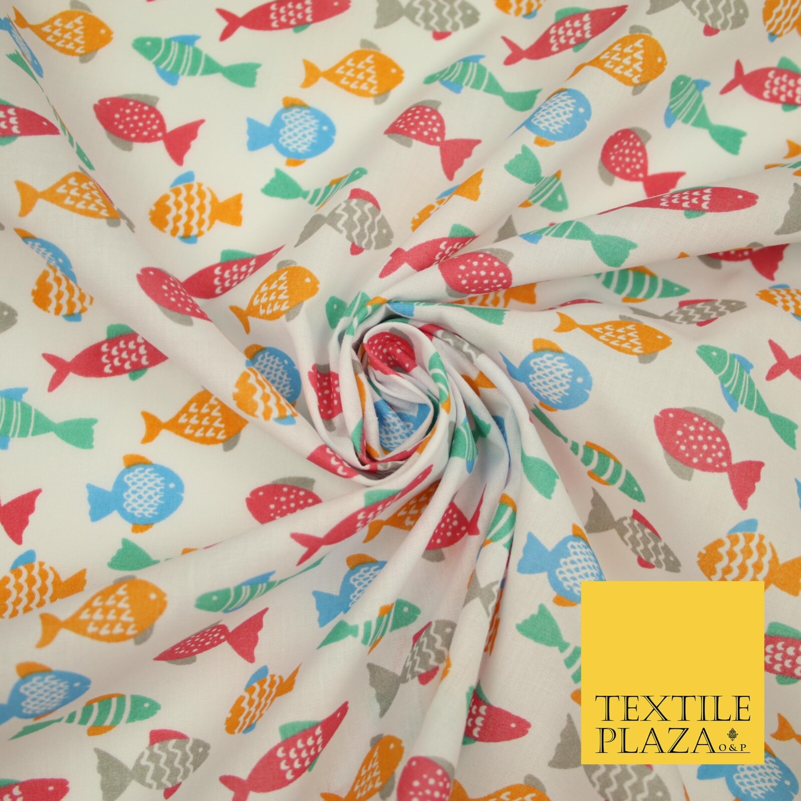 Multicolour Small Swimming Fish Printed Poly Cotton Fabric Polycotton ...