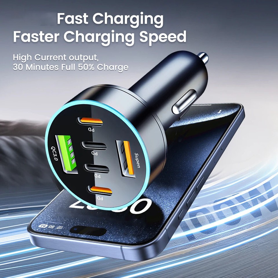 120W Fast Car Charger 6 Port Adapter & Cable For iPhone 17 16 15 14 13 ...
