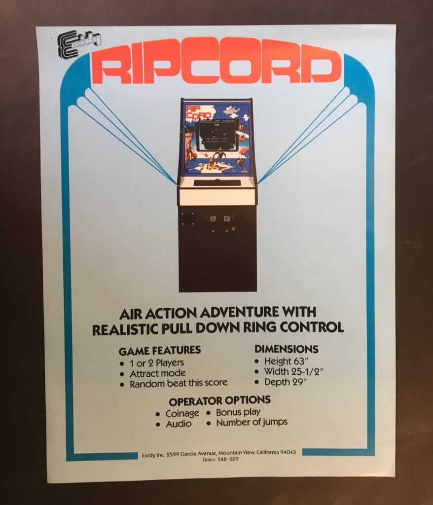 RARE VINTAGE ARCADE MACHINE FLYER – RIPCORD – GAME, EXIDY INC., USA ...