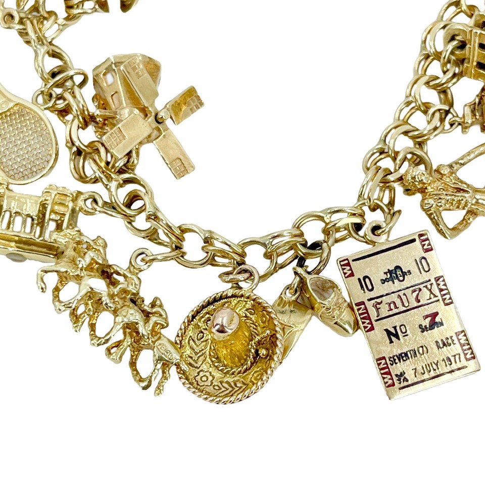 Vintage 70.1 gm 14 kt Charm Bracelet slot machine race tic trolley old ...