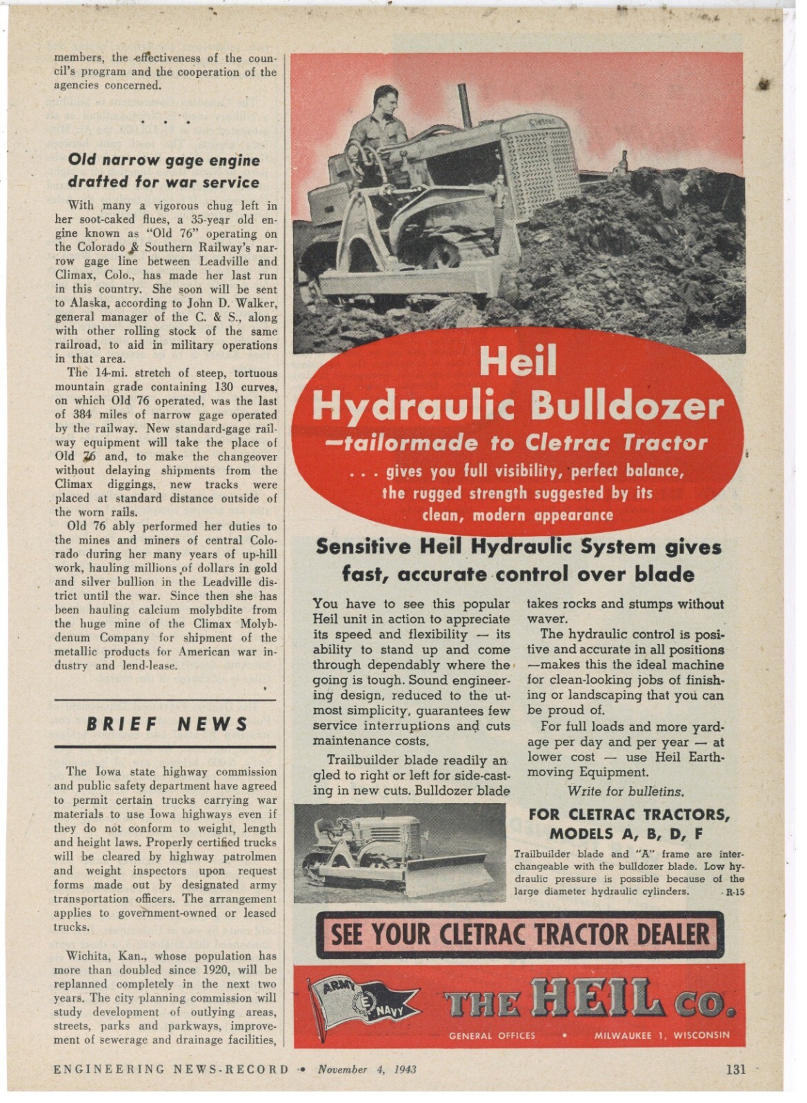 1943 Heil Hydraulic Bulldozer Ad: For CLETRAC Tractors Models A, B, D ...