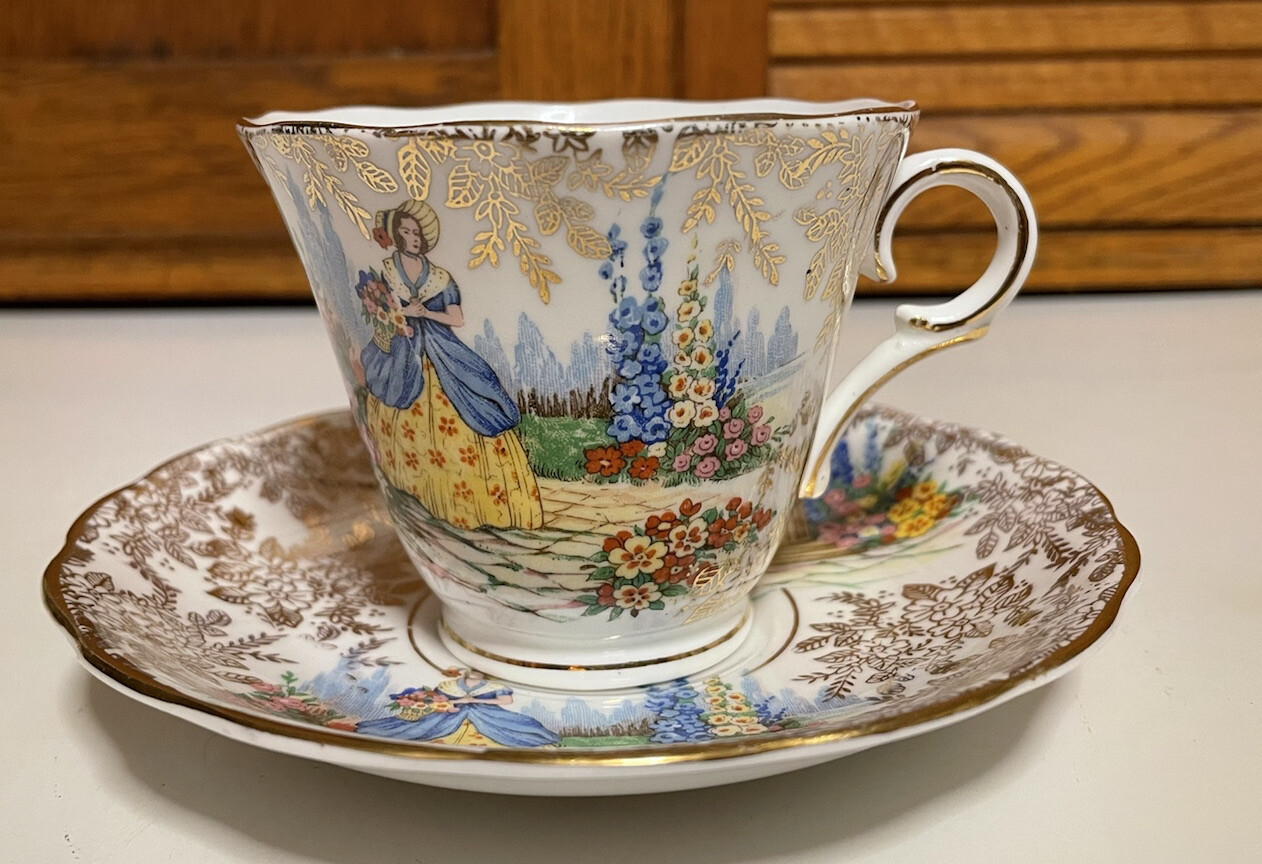 Colclough Tea Cup and Saucer CRINOLINE LADY IN THE GARDEN Bone China ...