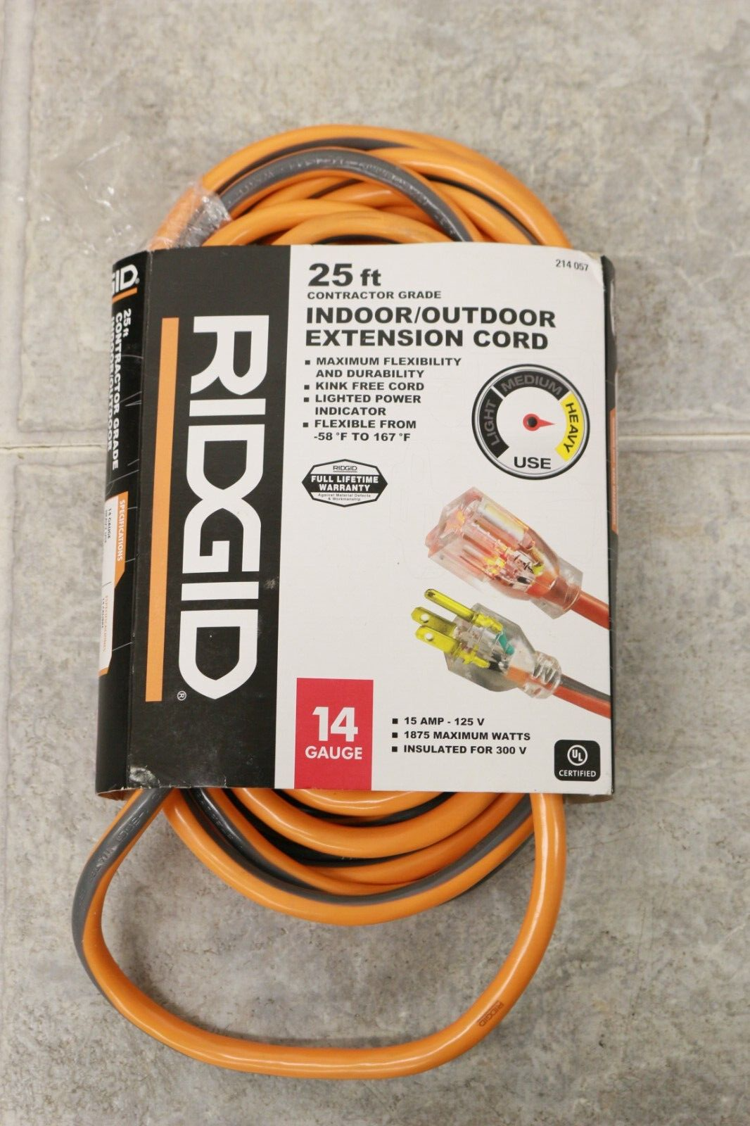 Ridgid 25 Ft Heavy Duty Contractor Grade Extension Cord Indoor Outdoor ...
