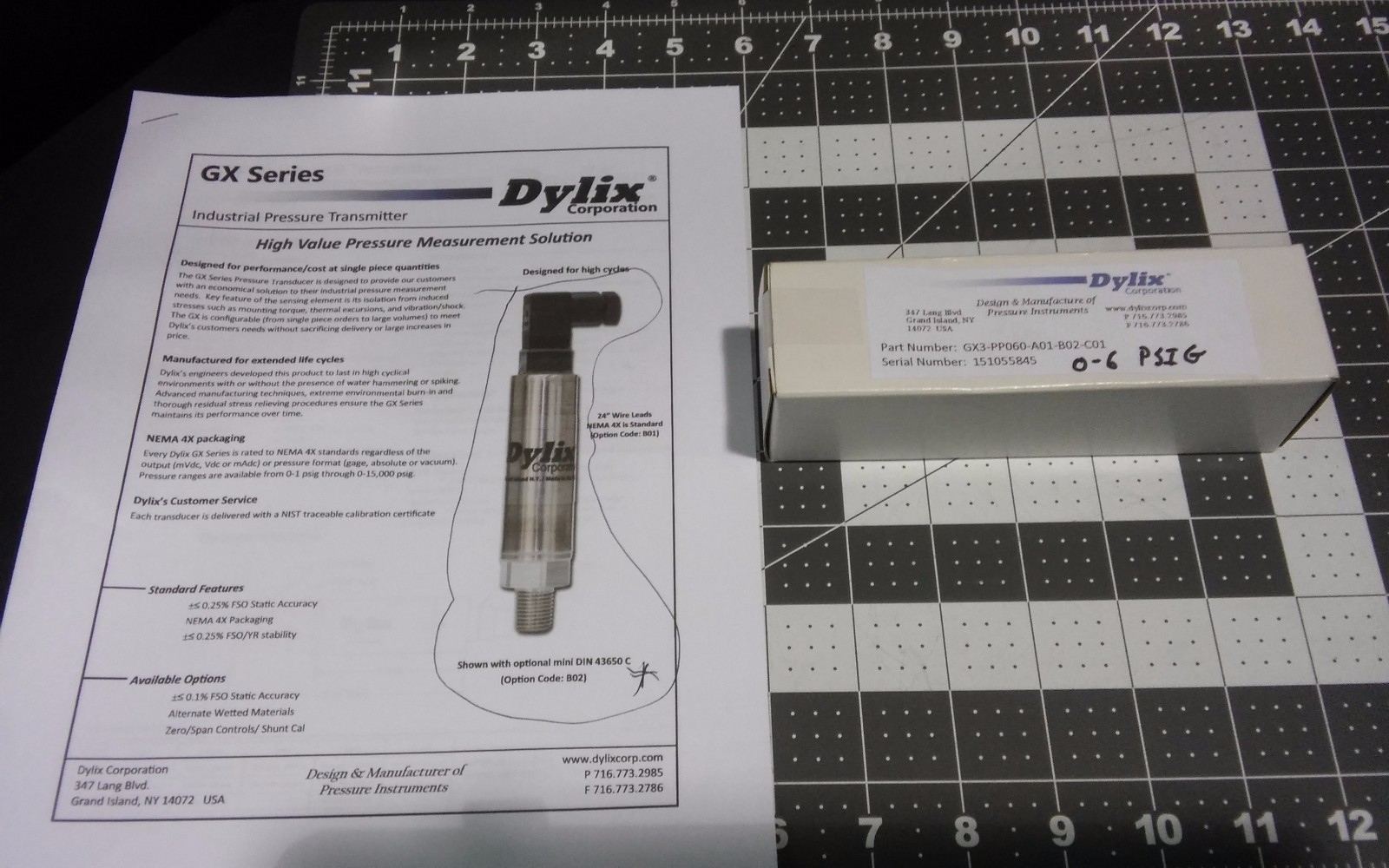 DYLIX P/N GX3-PP060-A01-B02-C01 0-6 PSIG GX SERIES PRESSURE TRANSMITTER ...