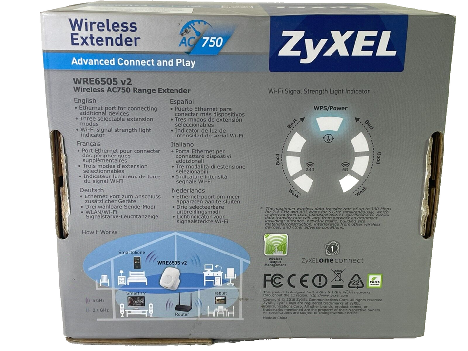 ZyXEL WRE6505 v2 AC750 Dual-Band WiFi Range Extender 2.4/5GHz 300 ...