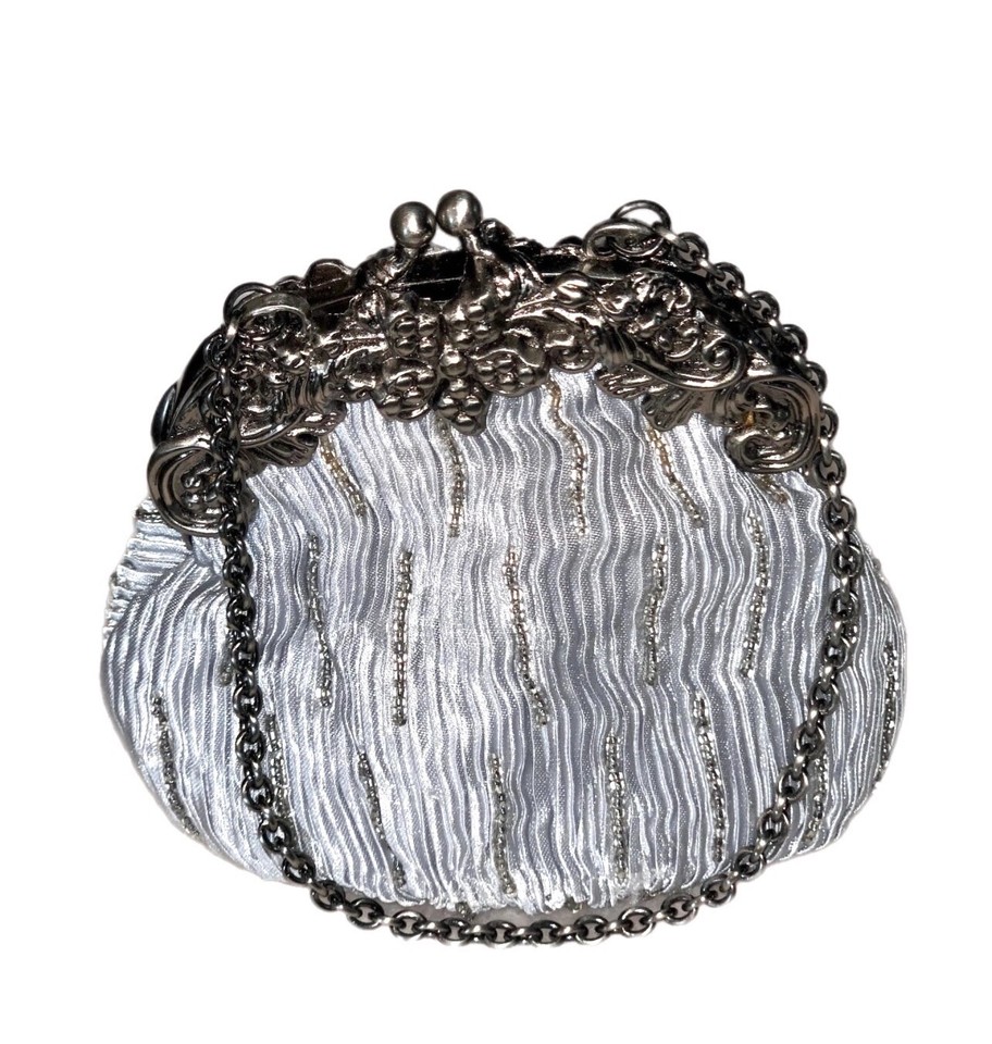 Elka Beaded Handbag and Hanky Handkerchief Grayish Silver Silk Silver ...